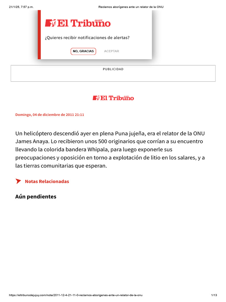 2011 - 12 - 04 - El Tribuno - Reclamo Onu | PDF
