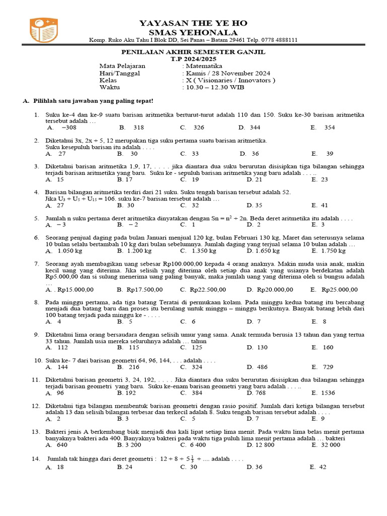 SOAL PAS X MTK Sem Ganjil 2024 | PDF