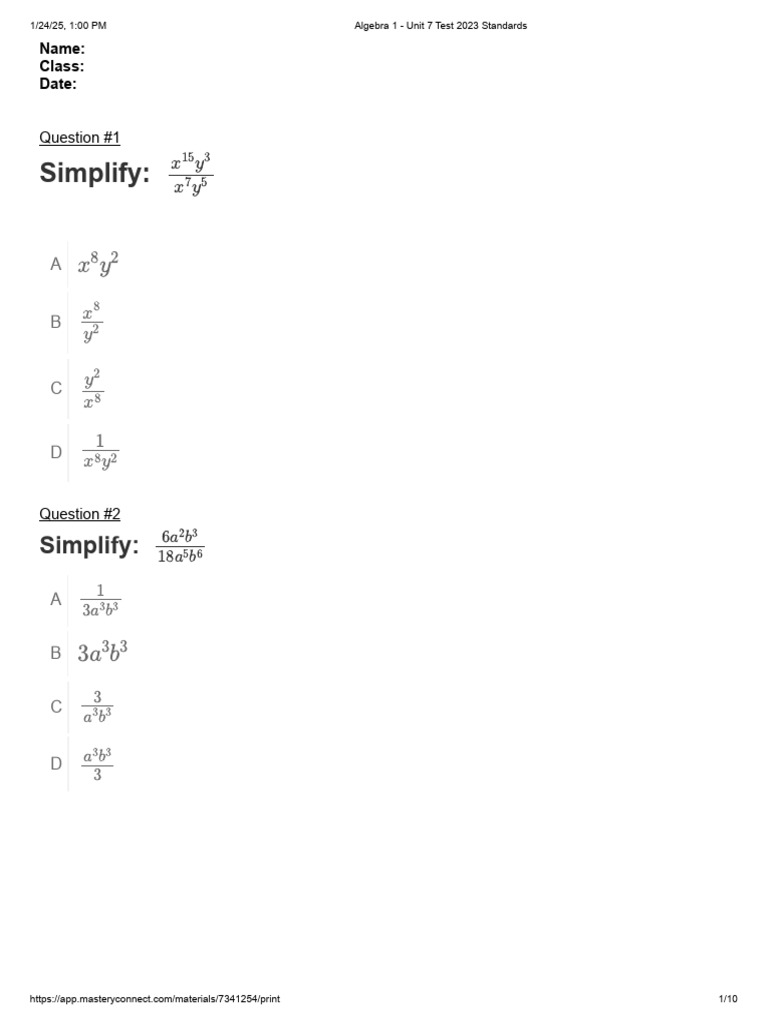 Algebra 1 Unit 7 Test Questions | PDF | Mathematics | Algebra
