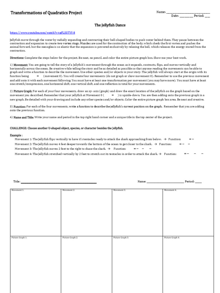 Transformationsof Quadratics Jellyfish Dance Project Activity | PDF