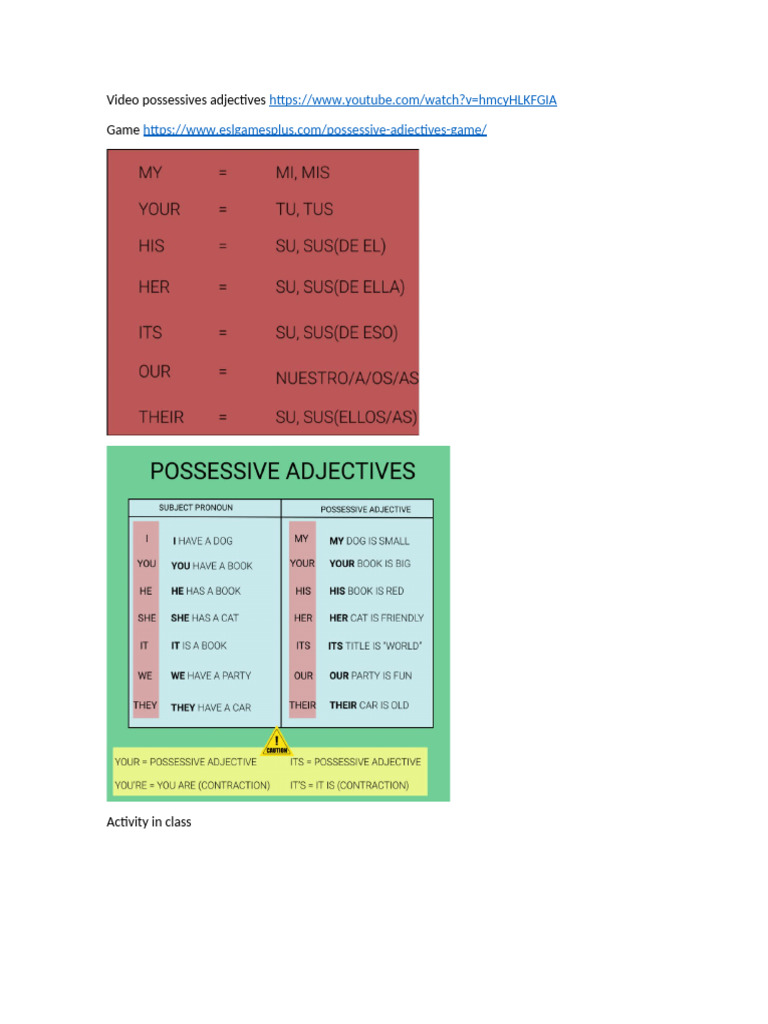 Lesson Plan Possessive Adjectives | PDF