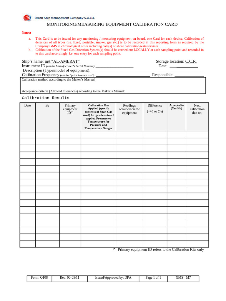 Q108 Monitoring Measuring Equipment Calibration Card | PDF