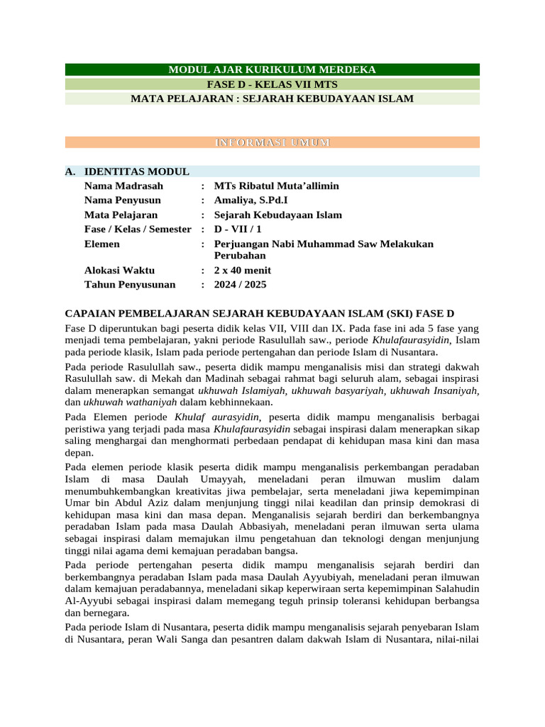 Modul SKI 7 Bab 2 - Perjuangan Nabi Muhammad Saw | PDF