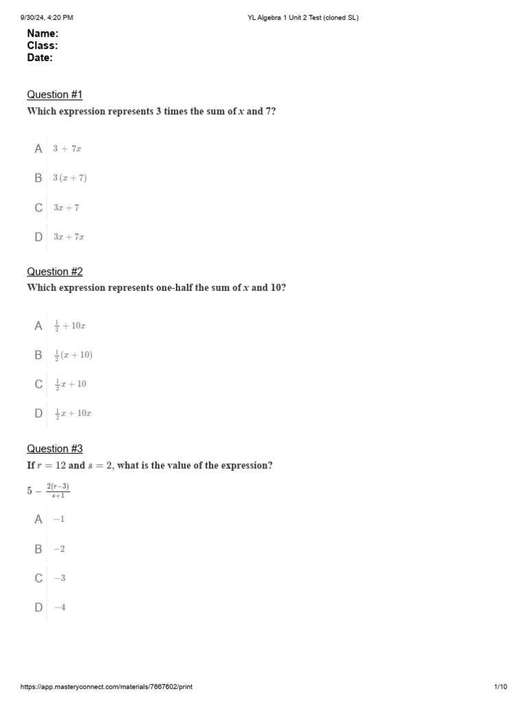 YL Algebra 1 Unit 2 Test (Cloned SL) | PDF | Inequality (Mathematics ...