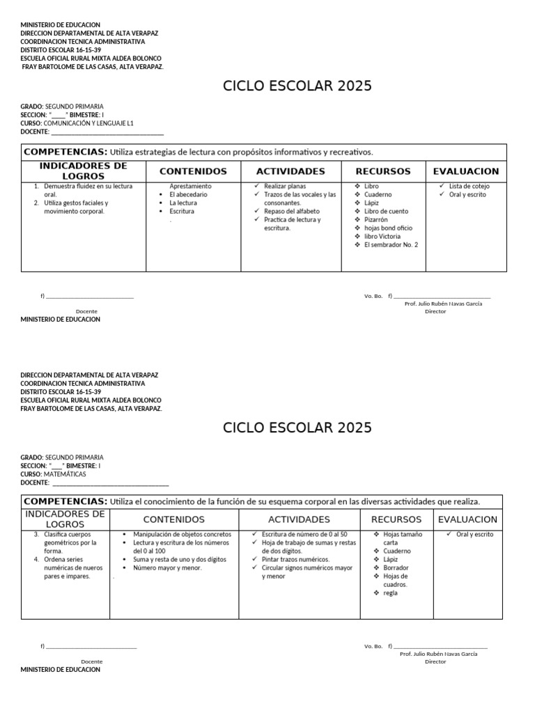 Planificacion segundo prim. 1er Bim. | PDF | Maestros | Comunicación humana