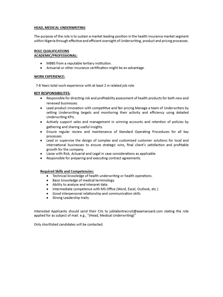 Head, Medical Underwriting | PDF