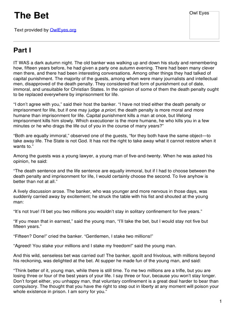 The Bet: A Tale of Isolation and Morality | PDF | Capital Punishment