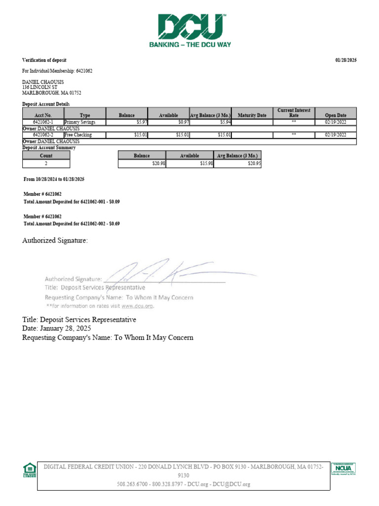 Verification of Deposit for Daniel Chaousis | PDF