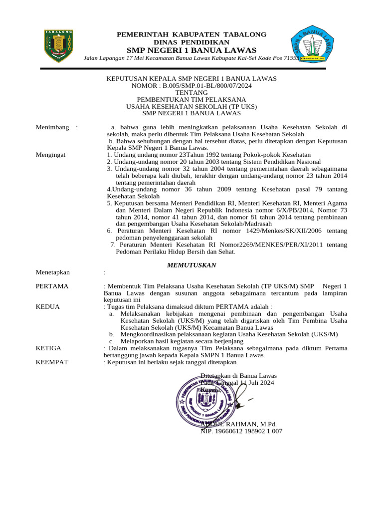 Pembentukan Tim UKS SMPN 1 Banua Lawas | PDF