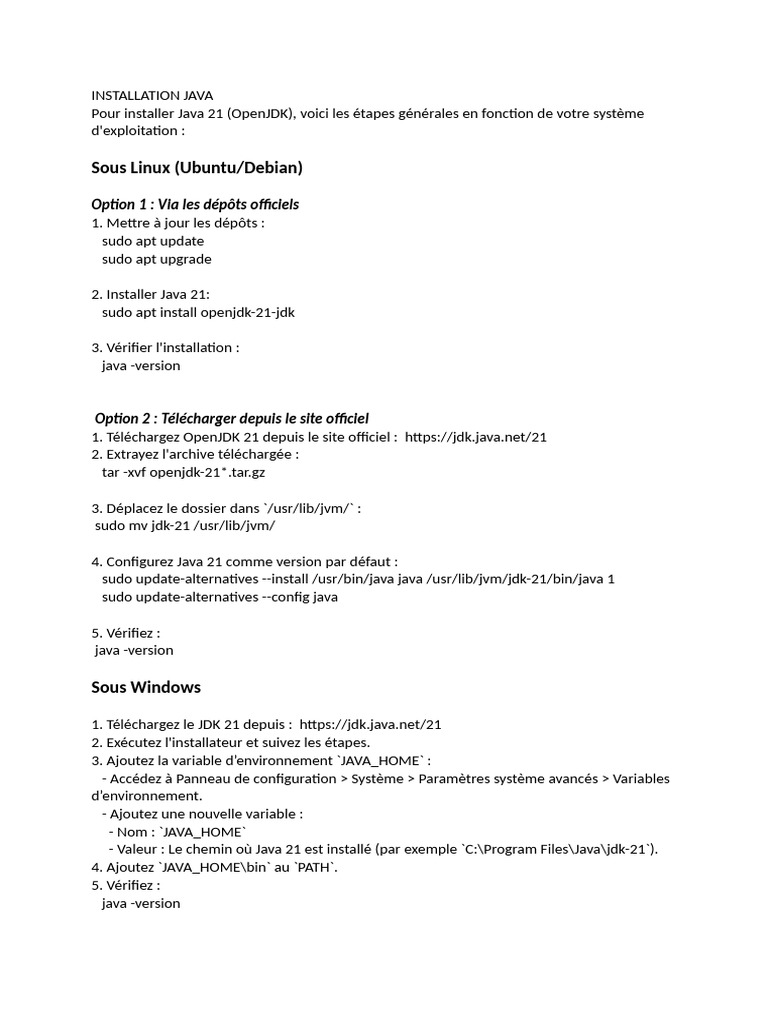 Installation de Java 21 sur tous OS | PDF | Java (Langage de programmation) | Familles de ...