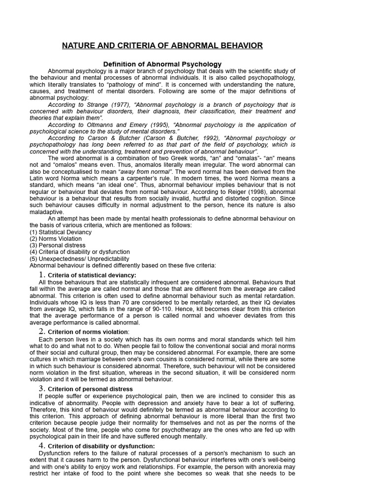 Unit 1 English Concept of Normality and Abnormality-1 | PDF | Psychopathology | Abnormal Psychology