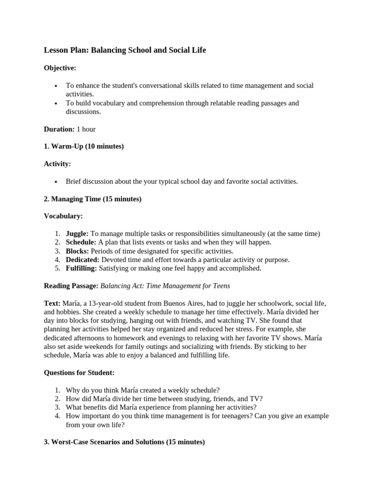 Lesson Plan Balancing School and Social Life | PDF | Time Management ...