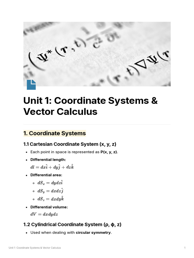 Unit 1 Coordinate Systems Vector Calculus | PDF | Euclidean Vector | Integral