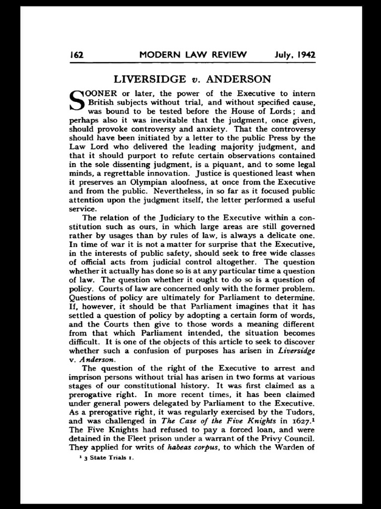 Liversidge v. Anderson: Executive Power Examined | PDF | Habeas Corpus ...