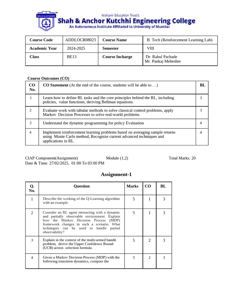 BTech RL CIAP - B - Assignment 1 | PDF | Theoretical Computer Science | Algorithms