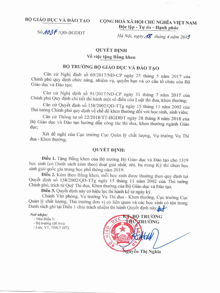 1037 QD BGDDT Tang Bang Khen HSG Quoc Gia Nam 2019 | PDF