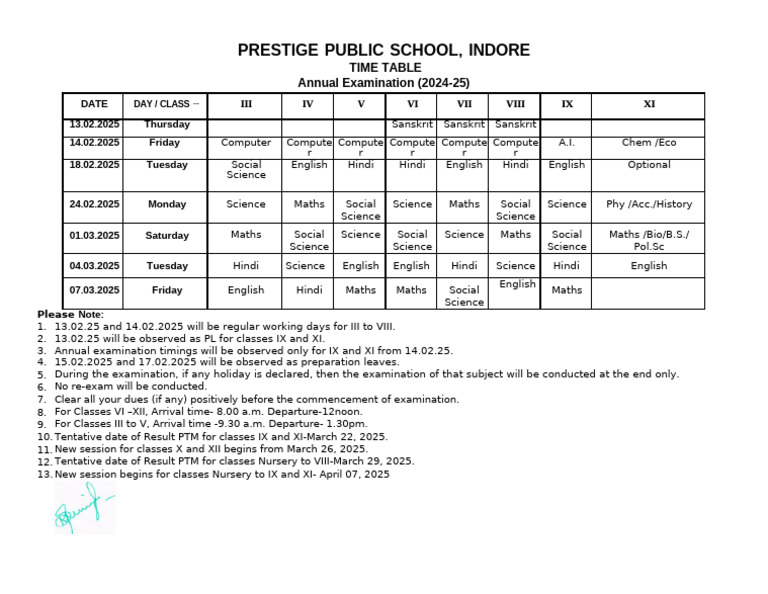 Annual Exam Time Table 24-25 | PDF