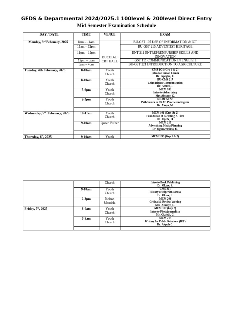100 Level and de Mid Semester Exam Schedule 2024-2025_041734 | PDF
