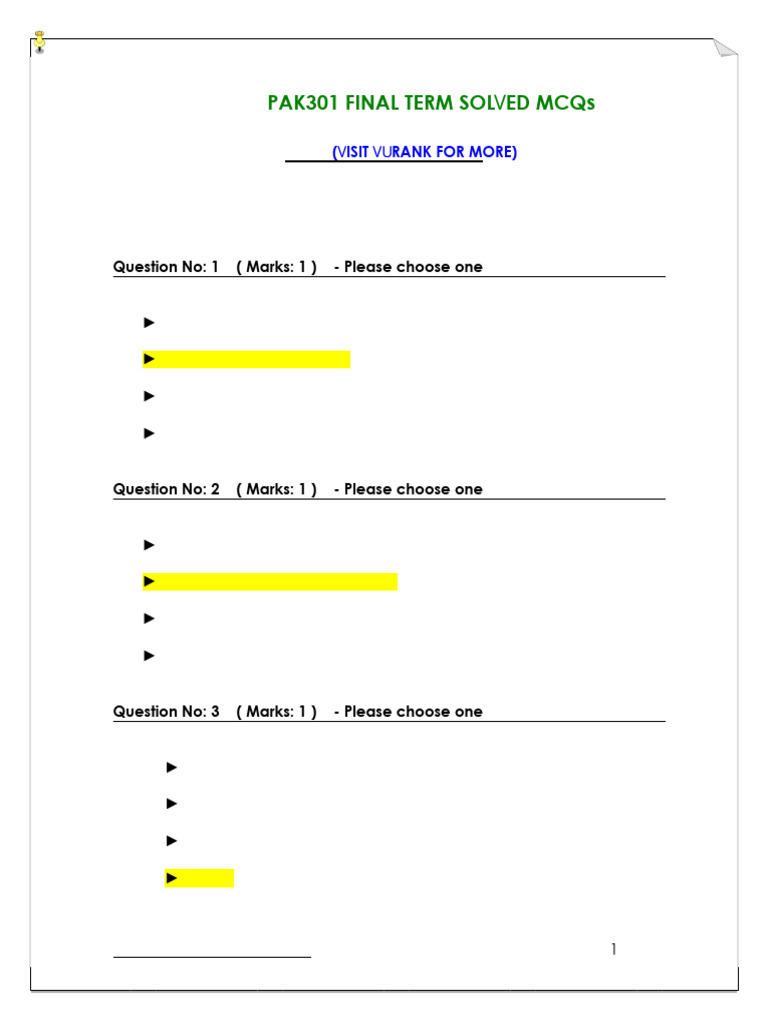 PAK301 FINAL TERM SOLVED MCQs File | PDF | Politics Of Pakistan | Independence Movements