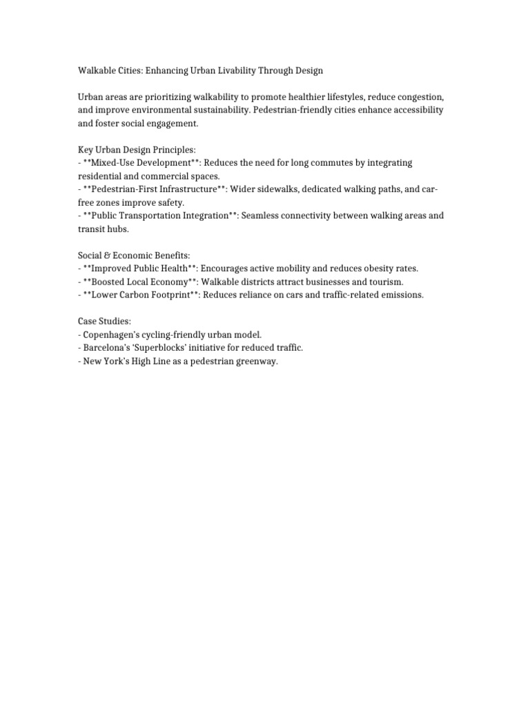 Walkable Cities - Enhancing Urban Livability Through Design | PDF