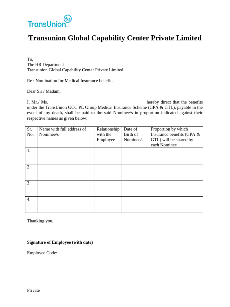 TU GTC Medical Insurance Nomination Form | PDF