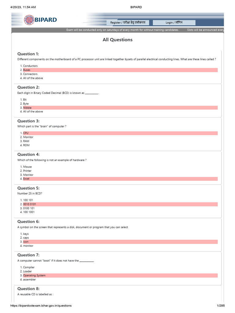 BIPARD Computer Exam Question Bank | PDF | Binary Coded Decimal | Computer Data Storage