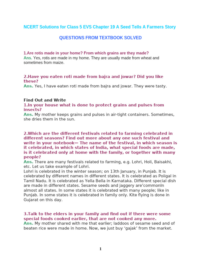 NCERT Solutions for Class 5 EVS Chapter 19 A Seed Tells A Farmers Story ...