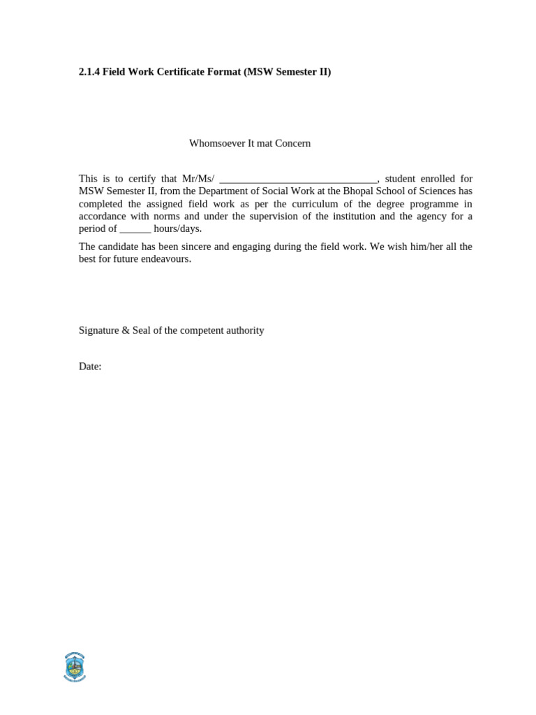 MSW Field Work Certificate Format | PDF