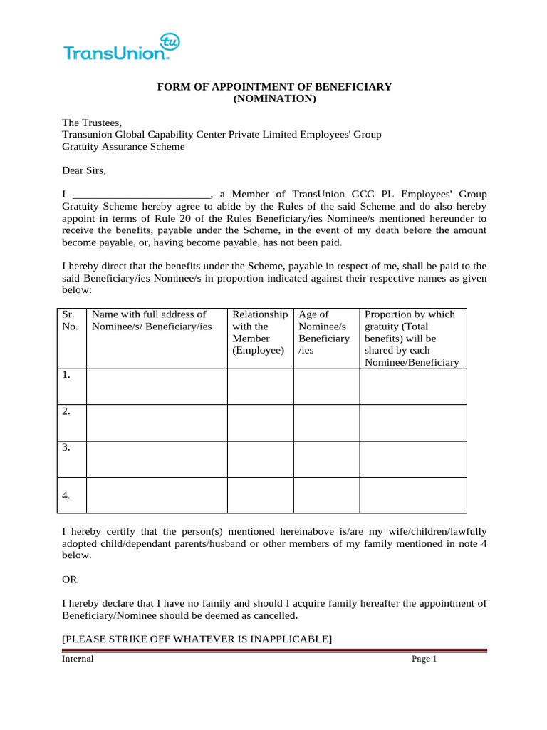 6. TU GTC Gratuity Nomination form | PDF | Justice | Crime & Violence