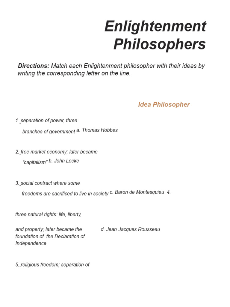 Enlightenment Philosophers - Match The Idea To The Philosopher Activity ...
