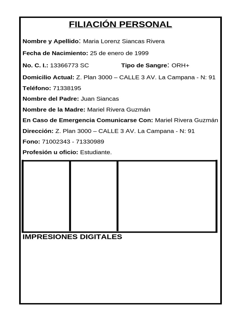 Filiacion Mosol - Maria Siancas | PDF