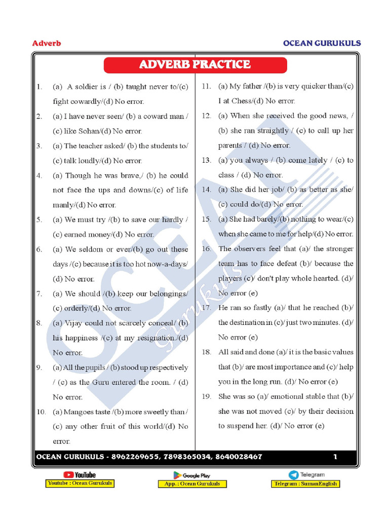192 Adverb Practice Sheet With Answers ENGLISH GRAMMAR EXTRA | PDF