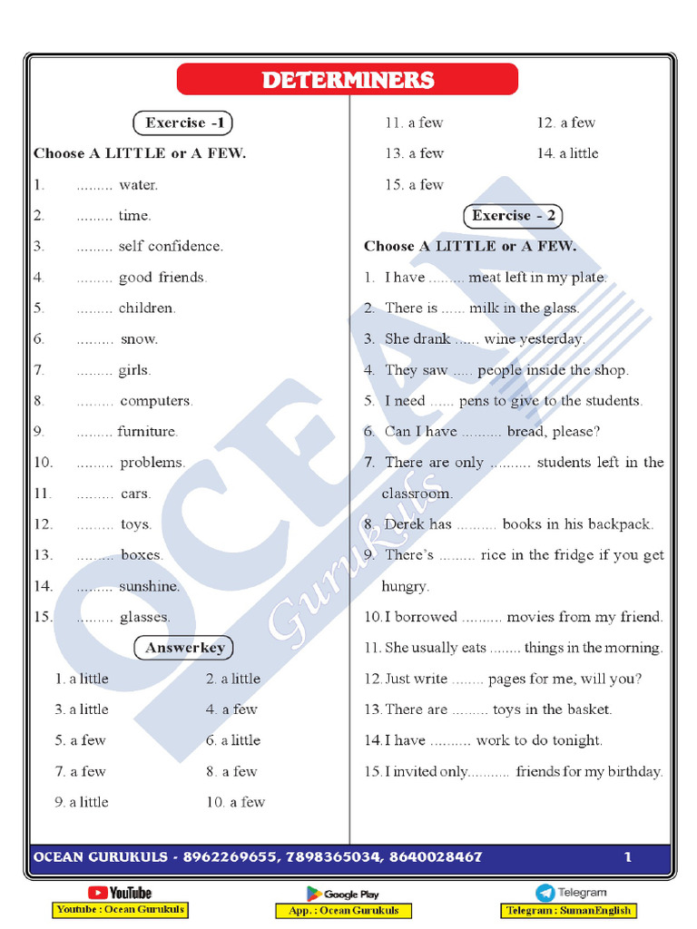 190 Determiners Extra Sheet With Answers ENGLISH GRAMMAR EXTR | PDF