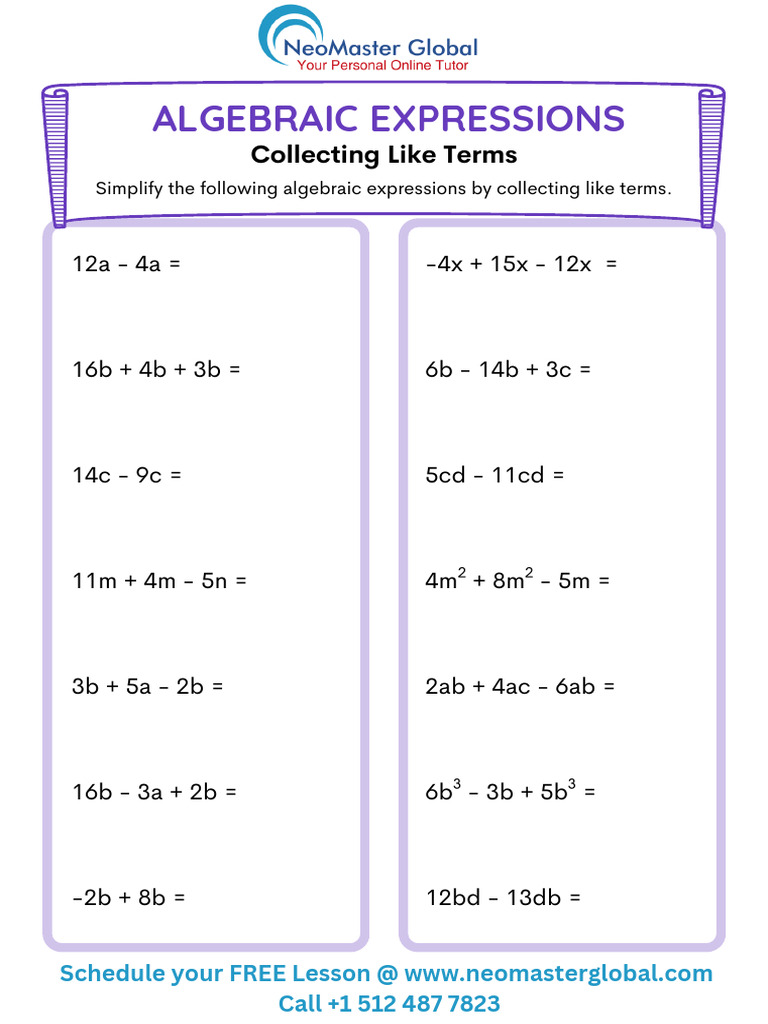 Algebra Like Terms Worksheet | PDF