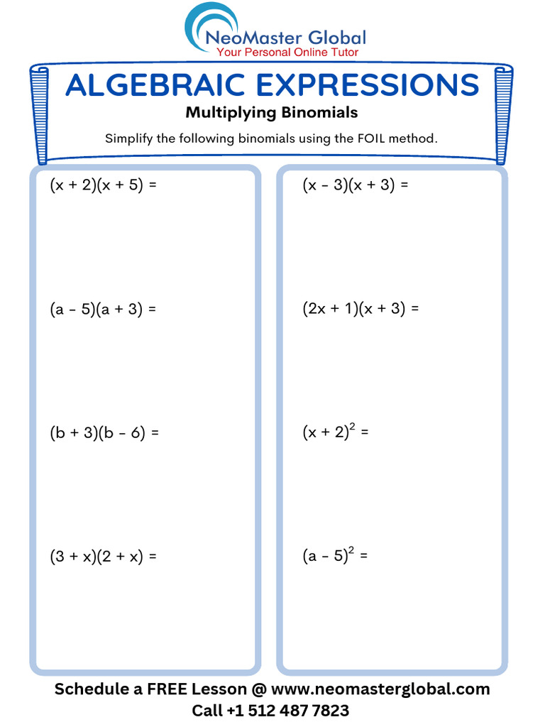 Algebra Multiplying Binomials Worksheet | PDF