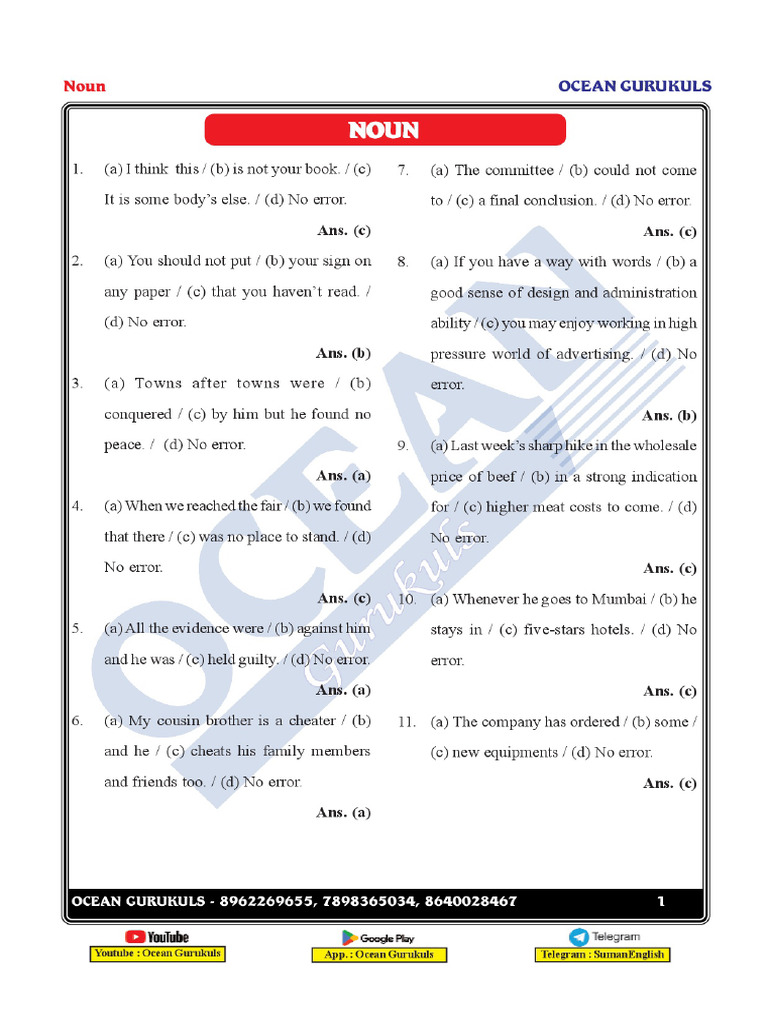 188 Noun Extra Practice Sheet With Answers ENGLISH GRAMMAR EX | PDF