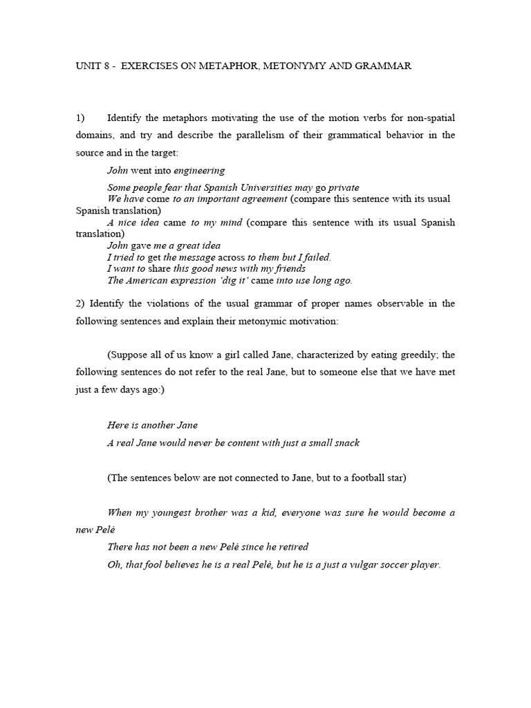 Unit 8 - Practice 2 - Exercises On Metaphor - Metonymy-Grammar | PDF