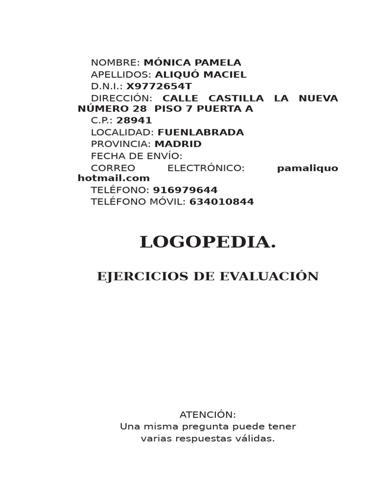 Ejercicios de Evaluación en Logopedia | PDF | Afasia | Percepción