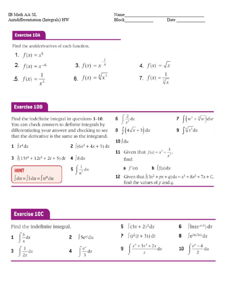 Antidifferentiation (Integrals) HW | PDF