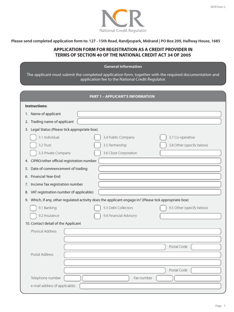 NCR Form 2 Application For Registration As Credit Provider | PDF ...