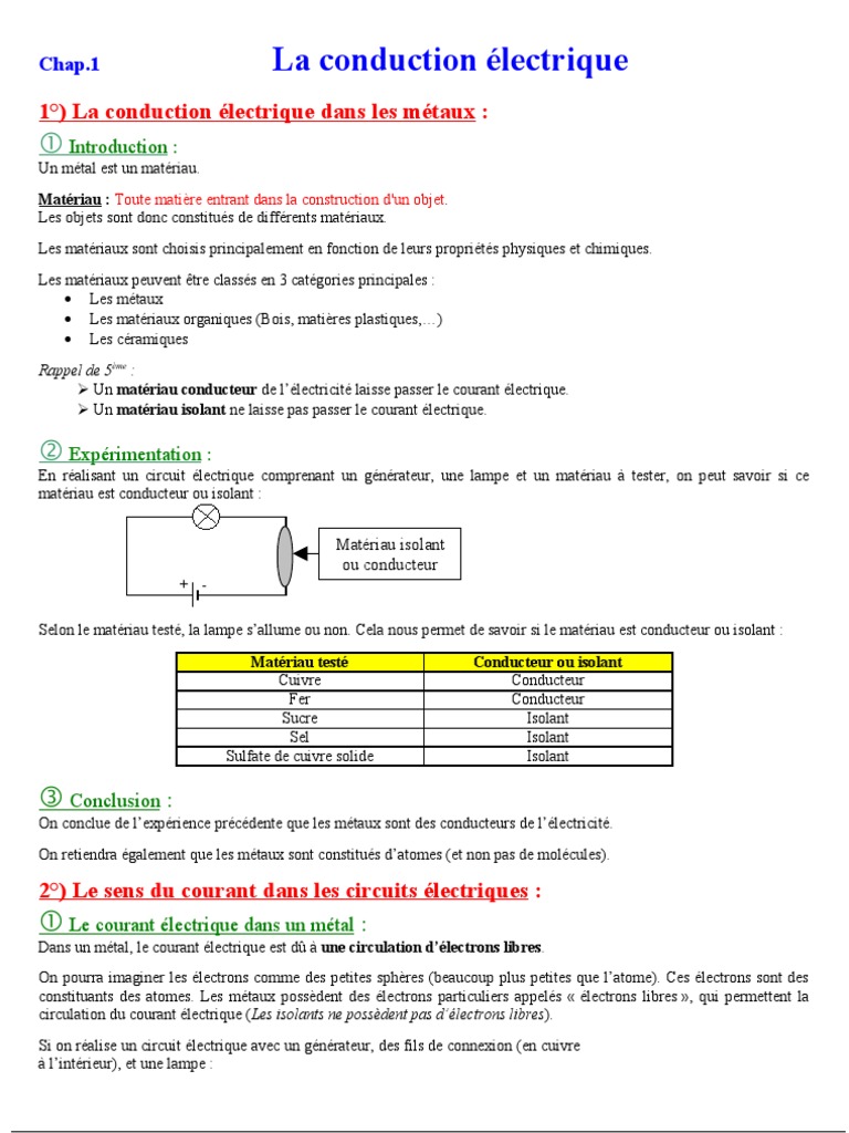 Cours - 3ème - Chap.1 La Conduction Électrique | PDF | Courant électrique | Métaux