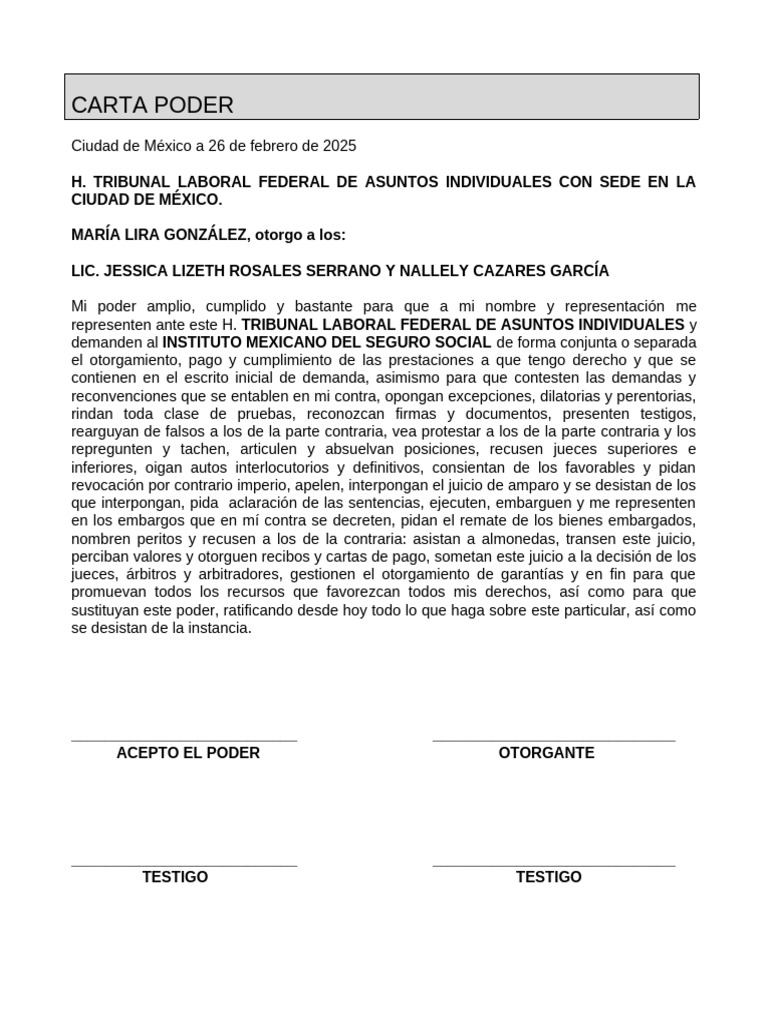 Carta Poder para Representación Legal | PDF