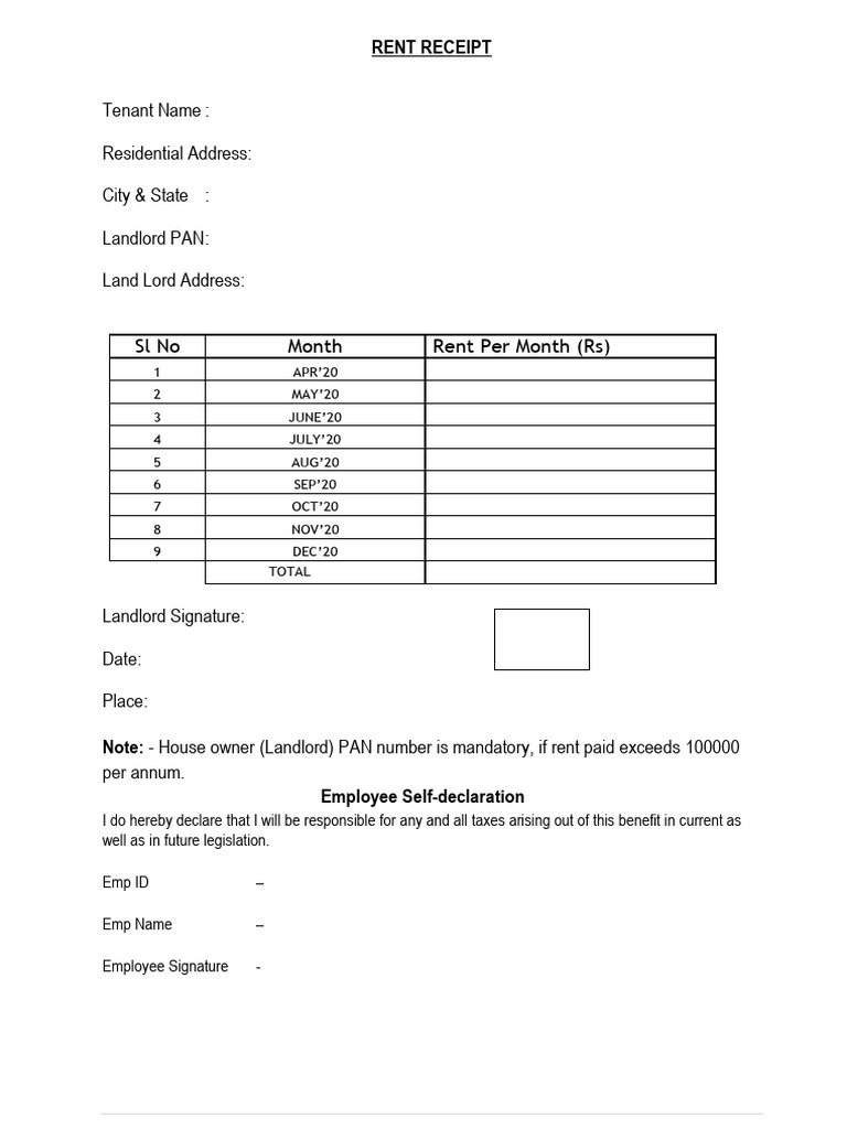 Rent Receipt Document and Self-Declaration (Template) | PDF