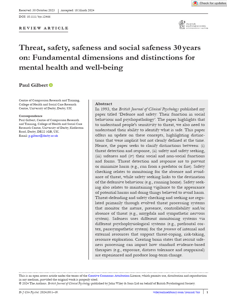 British J Clinic Psychol - 2024 - Gilbert - Threat safety safeness and ...
