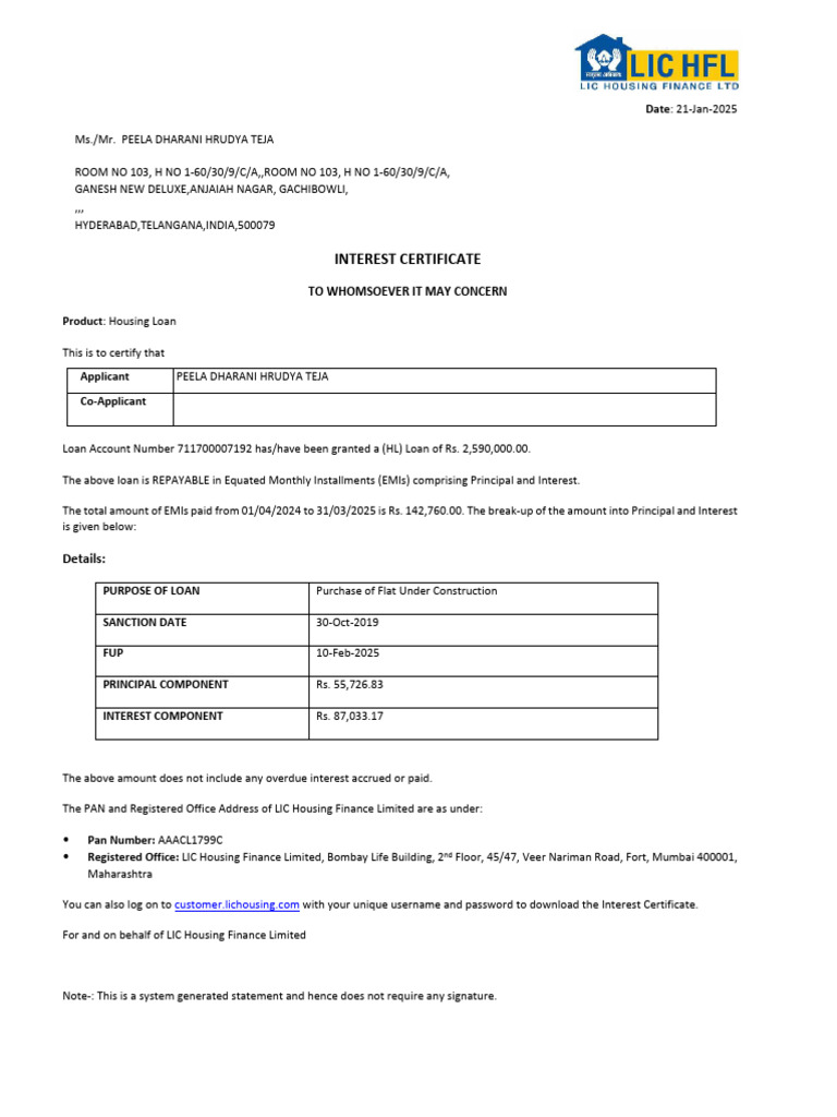 Housing Loan Interest Certificate | PDF