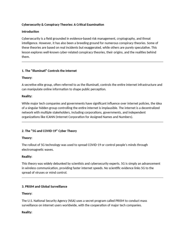 Cybersecurity CONSPIRACY THEORIES Assignment | PDF | Security | Computer Security
