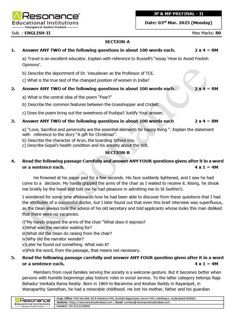 English-II Exam Paper Analysis | PDF