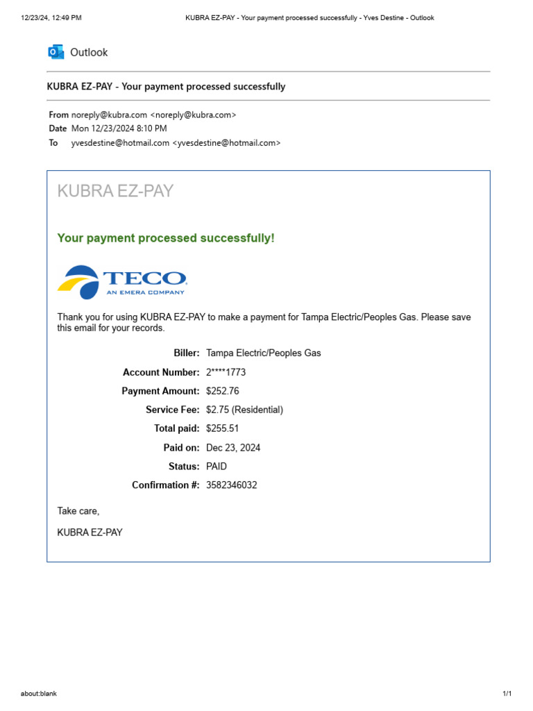 KUBRA EZ-PAY - Your Payment Processed Successfully - Yves Destine ...