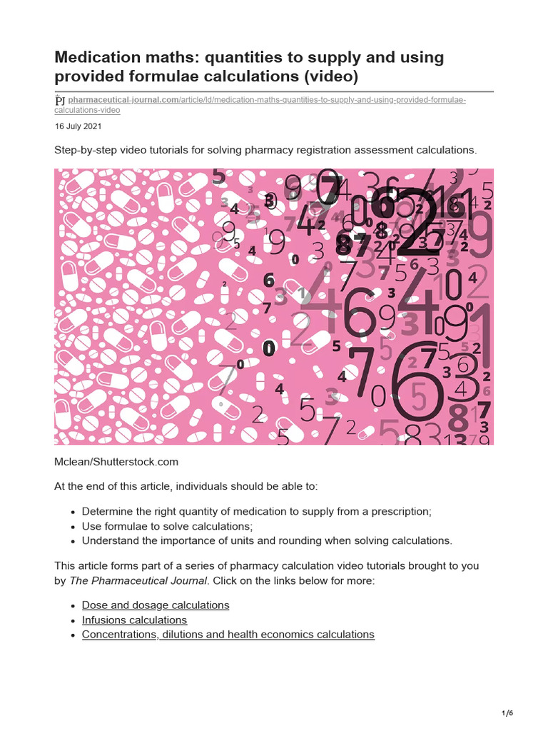 Medication Maths Quantities To Supply and Using Provided Formulae ...
