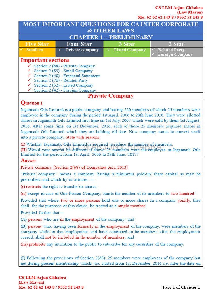 Key CA Inter Questions on Corporate Laws | PDF | Securities (Finance ...